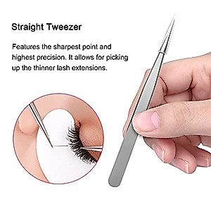 Quewel Eyelash Extension Tweezers Set Eyelash Applicator Tool Curved and Straight pointed Tweezers Lash Extension Supplies Stainless Steel Precision Tweezers Silver (Matte,3 pcs)