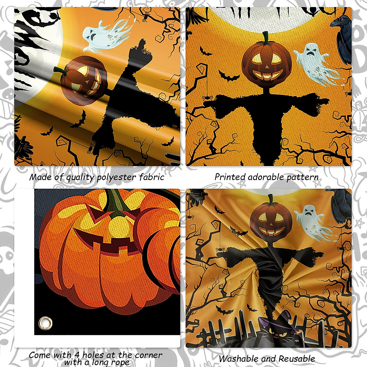 Halloween Door Decorations Banner, Happy Halloween Door Cover Backdrop, Fabric Pumpkin Ghost Hanging Door Poster Sign Banner for Outdoor Indoor Halloween Eve Porch Background Party Wall Decoration