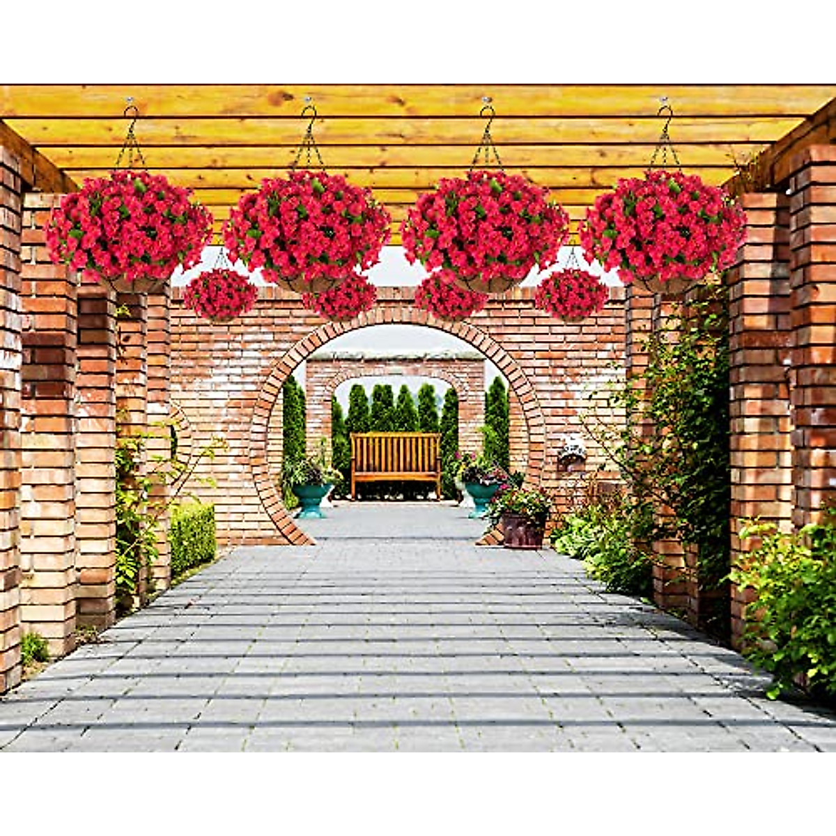 Ammyoo Artificial Hanging Flowers in Basket, Artificial Petunias Flower Arrangement,12 inch Coconut Lining Basket with Morning Glories Fake Plants for Patio Garden Porch Deck Decoration(Red)