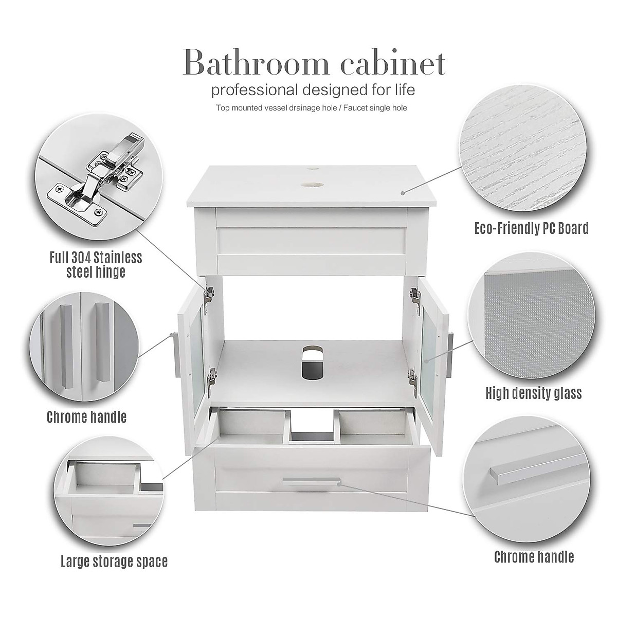 Puluomis Modern Vessel and Boat Sink Tops Combol 24 Inch Bathroom Cabinet with 1.5 GPM Water Save Faucet & Solid Brass Pop Up Drain and Mirror