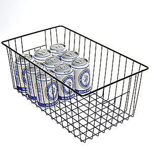 16inch Freezer Wire Storage Organizer Baskets, Refrigerator Metal Bins with Handles for Kitchen, Pantry, Cabinet, Closets - Set of 4 (Black 4)