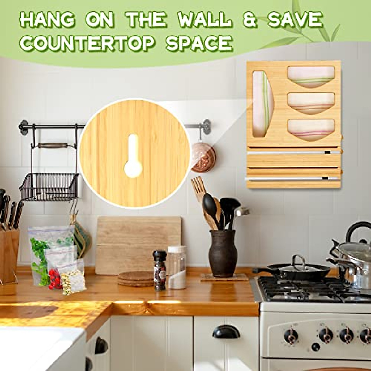 KMOTASUO Bamboo Ziplock Bag Organizer for Drawer, 6 in 1 Food Storage Bag Organizer Wrap Dispenser with Cutter, Great for Quart Gallon Sandwich Snack Bags & Foil Plastic Wrap (6 in 1)