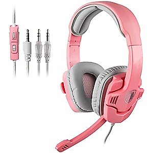 SADES SA708GT Stereo Gaming Headset for Xbox One, PS4, PC, Mobile, Noise Cancelling Over Ear Headphones with Mic & Bass Surround Soft Memory Earmuffs for Laptop Nintendo Switch Games-Pink