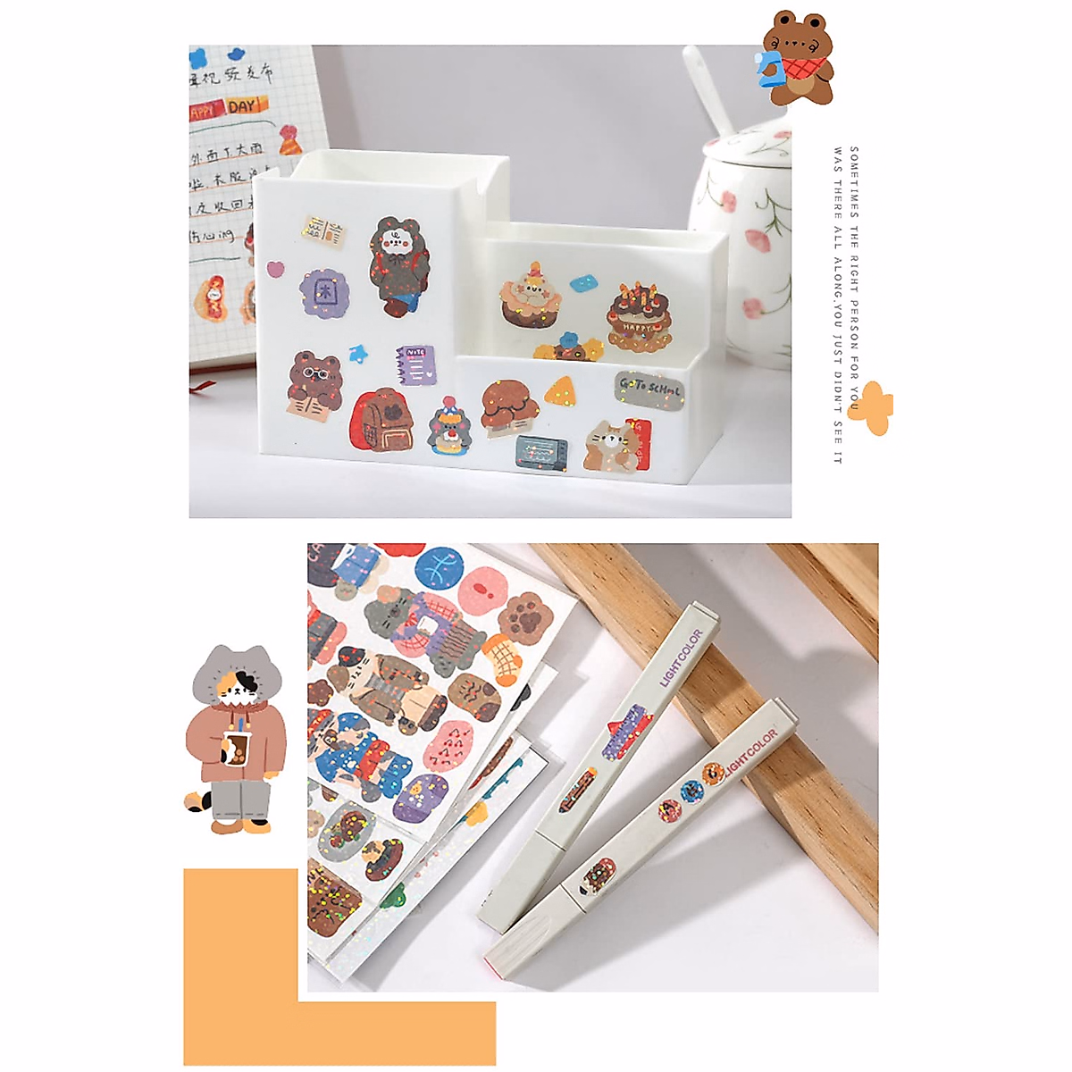 gomtyea Cute Scrapbook Stickers,Kawaii Laser Rabbit Bear Cat Animal Waterproof Bling Photo Decoration Sticker Decal Packs for Phone Case,Laptop,Aesthetic Stickers for Kids,Teens,Adults,8 Sheets