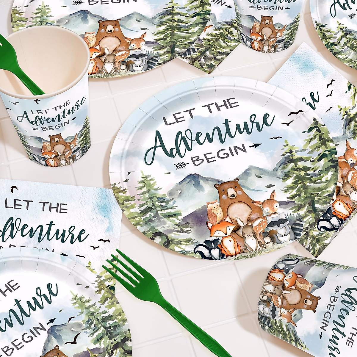 XIENBLOC 120pcs Let The Adventure Begin Party Supplies Baby Shower Plates Napkins Tableware Set Disposable Cups Green Forks Adventure Party Supplies for 24 Guests