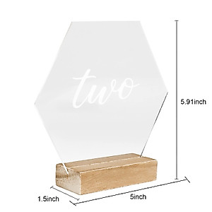 Hanna Roberts Modern Hexagonal Geometric Table Number Acrylic Signs with Wood Stands for Wedding Reception, Restaurant, Event Party, 5" x 1.5" x 5.9" (Cursive Geometric, Set of 10 (1-10))