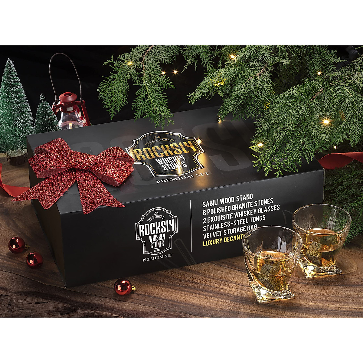 ROCKSLY Whiskey Stones Gift Set for Men | Whiskey Decanter Set With Wood Stand | Bourbon Decanter with Scotch Glasses, 8 Granite Whiskey Stones| Ideal For Whiskey Lovers | Gift Set For Dad, Boyfriend