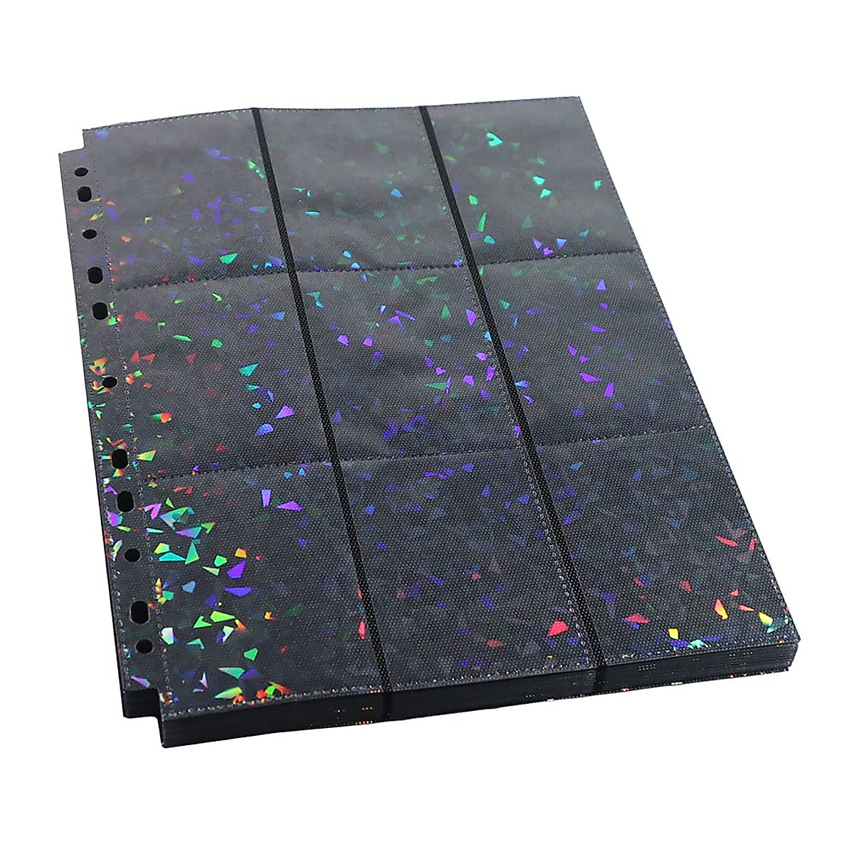 30PCS Holographic Trading Card Sleeve Pages Gemstone Foil Card Sleeves TCG&Photo 9 Pockets Fit 3 Ring Binder Pages (Side Loading Black Pages)