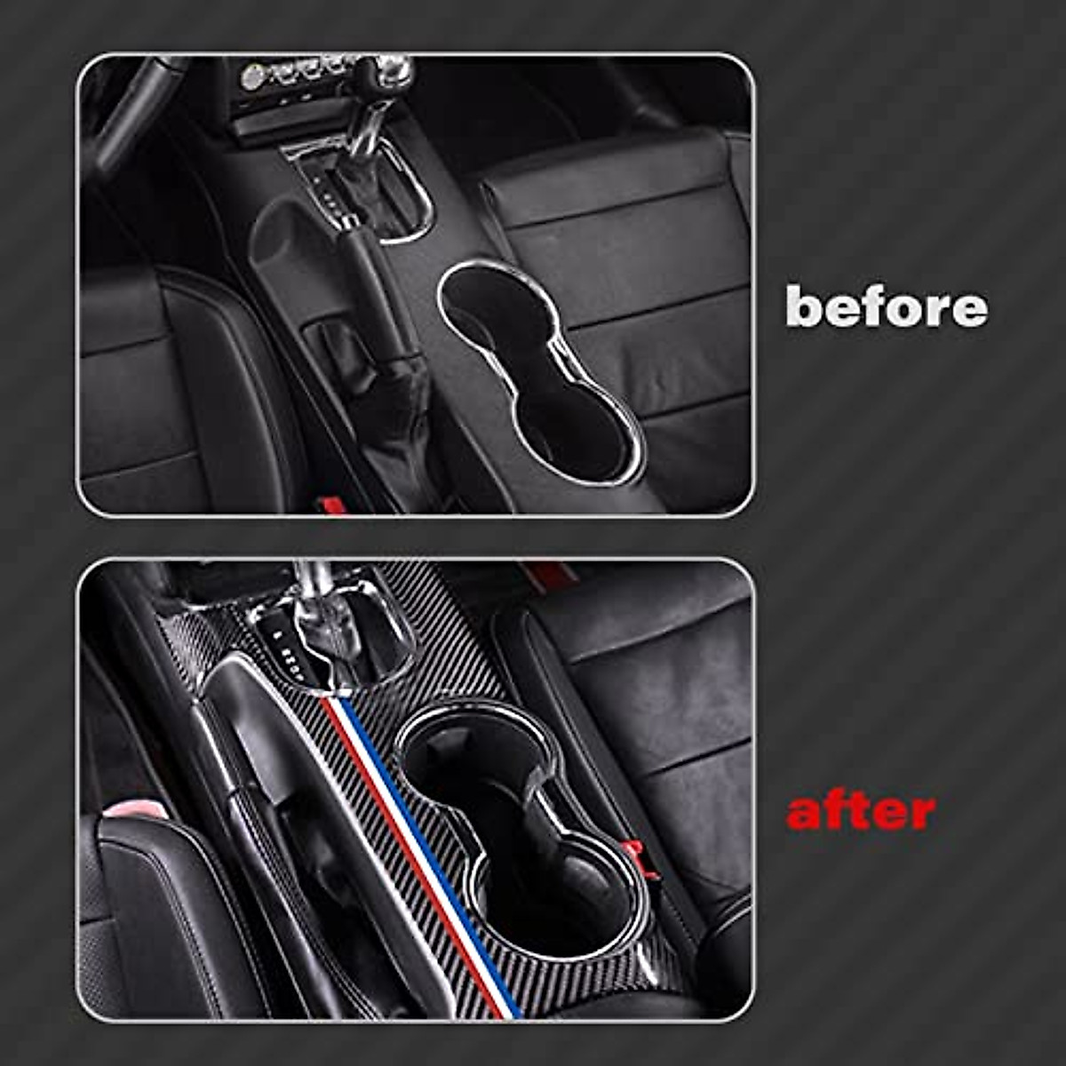 Xotic Tech Center Console Gear Water Cup Panel Cover Trim, Genuine Soft Carbon Fiber with 3 Color Strips, Compatible with Ford Mustang 2015-up