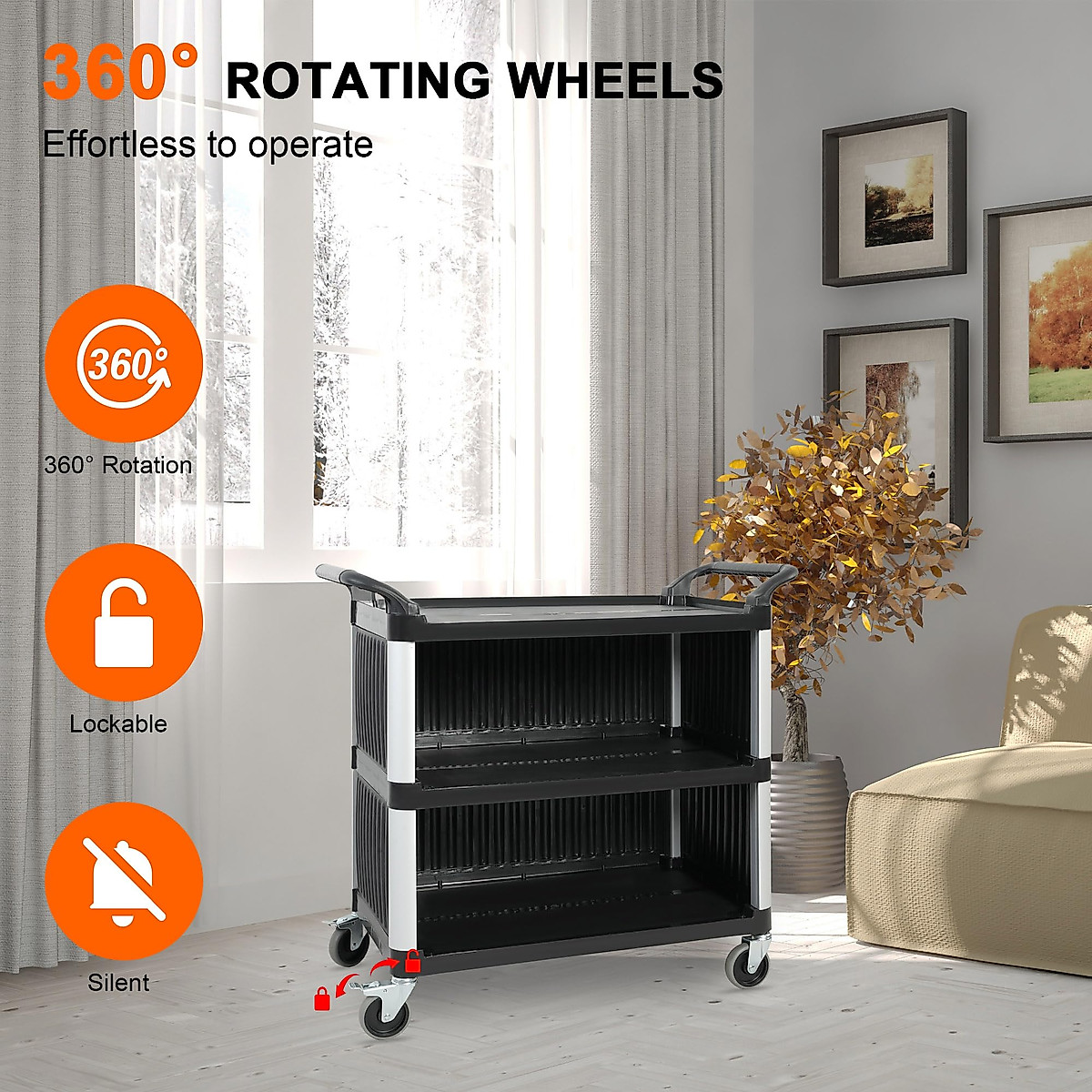 Rolling Utility Cart with Storage Cabinet and Lockable Wheels - Heavy Duty 3-Tier Service Carts for Kitchen, Office, Garage, and Restaurant – Black