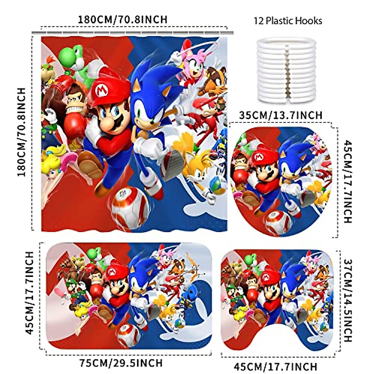 YQPBZCHH 4 Piece Cartoon Shower Curtain Sets with Non-Slip Rug,Toilet Lid Cover and Absorbent Carpet Bath Mat,Durable Waterproof Shower Curtain with 12 Hooks for Bathroom (B)