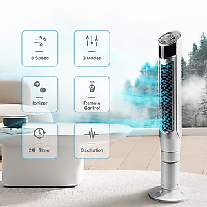 Xbeauty Tower Fan Oscillating 360 Degrees Ionizer Standing Fan 3 Wind Modes 8 Wind Speeds Quiet Bladeless Fan with Timer & Remote Control for Bedroom/Living room (Silver)