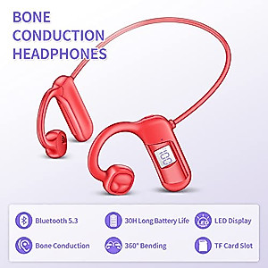 Bone Conduction Bluetooth Headphones, Open-Ear Wireless Headphones with Microphone, Sports Headset Power Display TF Card Slot Sweatproof Earphones for Outdoor, Running, Cycling, Driving, Gym-Red