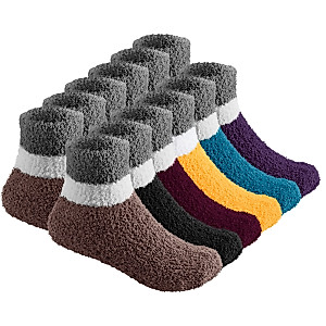Debra Weitzner 6 Pairs Warm Fuzzy Socks for Kids with Grippers - Non Skid Slipper Socks for Toddlers - Dark Two Tone 6-10 Yr