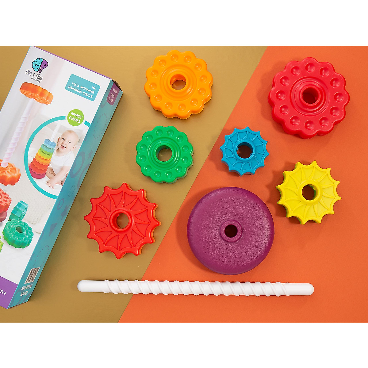 Ollie & Olive learn & play Spinning Toy Rainbow Spinning Stacking Tower - Stacking Toy for Toddlers and Babies 12 Months+ - Fun Educational - Hand Eye Coordination - Learning Toy for Boys and Girls