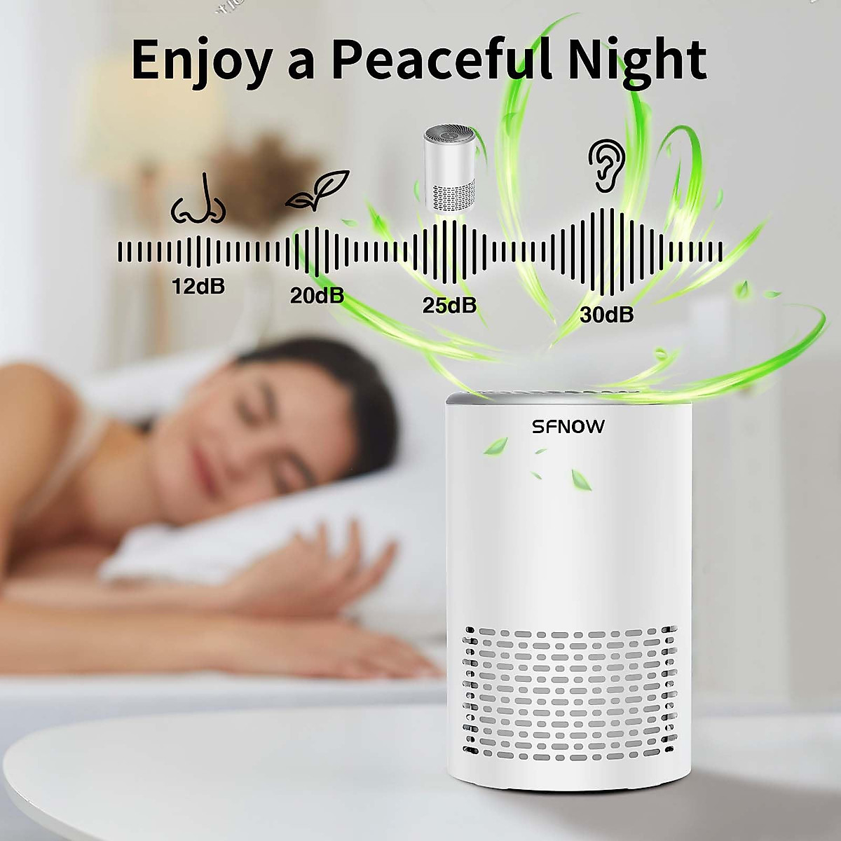 SFNOW Air Purifiers For Bedroom - Portable Air Purifier Covers Up to 215 ft² Remove Smoke Pollen Dander Hair Smell, with Sleep Mode Speed Control For Home Office Living Room Drom, SAP200C, White