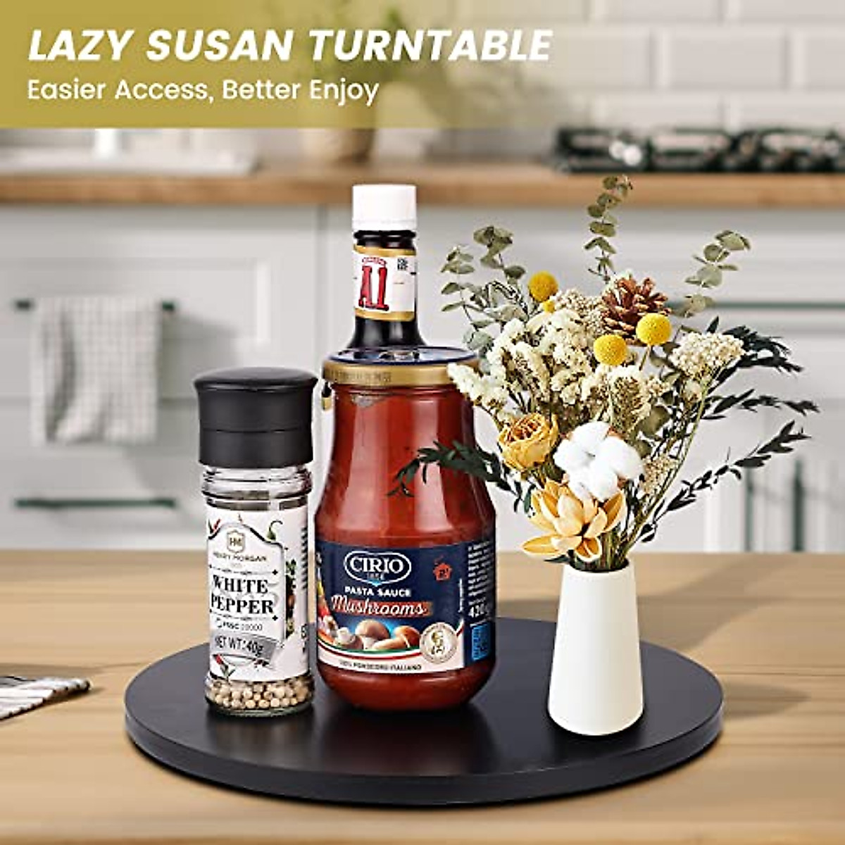 Lazy Susan for Kitchen Organizer - 9-Inch Bamboo Lazy Susan Turntable for Cabinet Pantry Table or Countertop Organization and Storage, Black