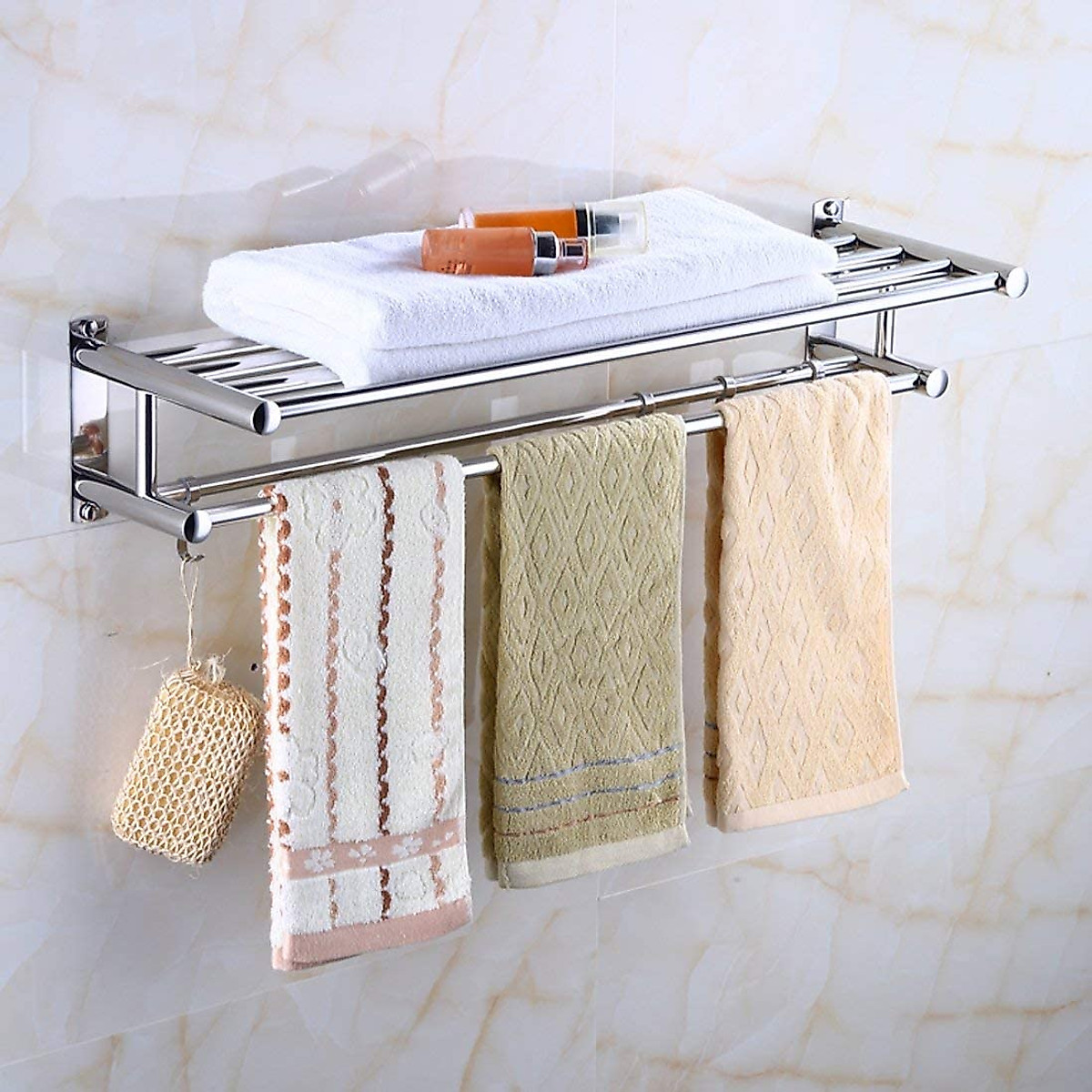 Towel Rails Wall Mounted Hotel Towel Shelf Storage Holder Compatible with 4 Hooks,Bathroom/Kitchen Towel Rack Stainless Steel for for Towels, Bathrobe, Tea Towels Towel Racks to Pursue Happiness