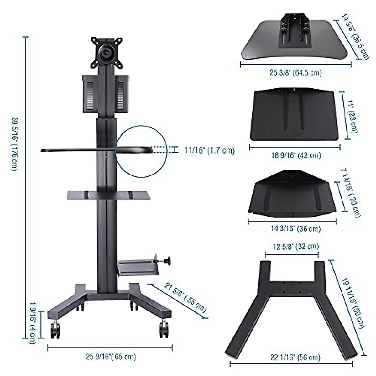 AW Rolling Computer Cart Adjustable Mobile PC Standing Workstation with Monitor Mount Keyboard Tray Printer CPU Holder Wheels for Shop Home Office Black
