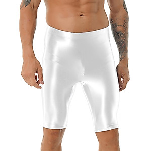 iiniim Men's Dry Fit Running Compression Tight Sport Short Pants Shiny Glossy Spandex Seamless Leggings White X-Large