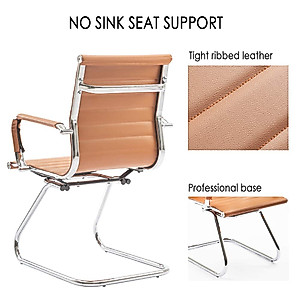 HNY Leather Office Guest Chairs & Reception Chairs Set of 6, Modern Waiting Room Chairs with Arms, Desk Chair no Wheels with Sled Base for Waiting Room/Conference Room, Cognac