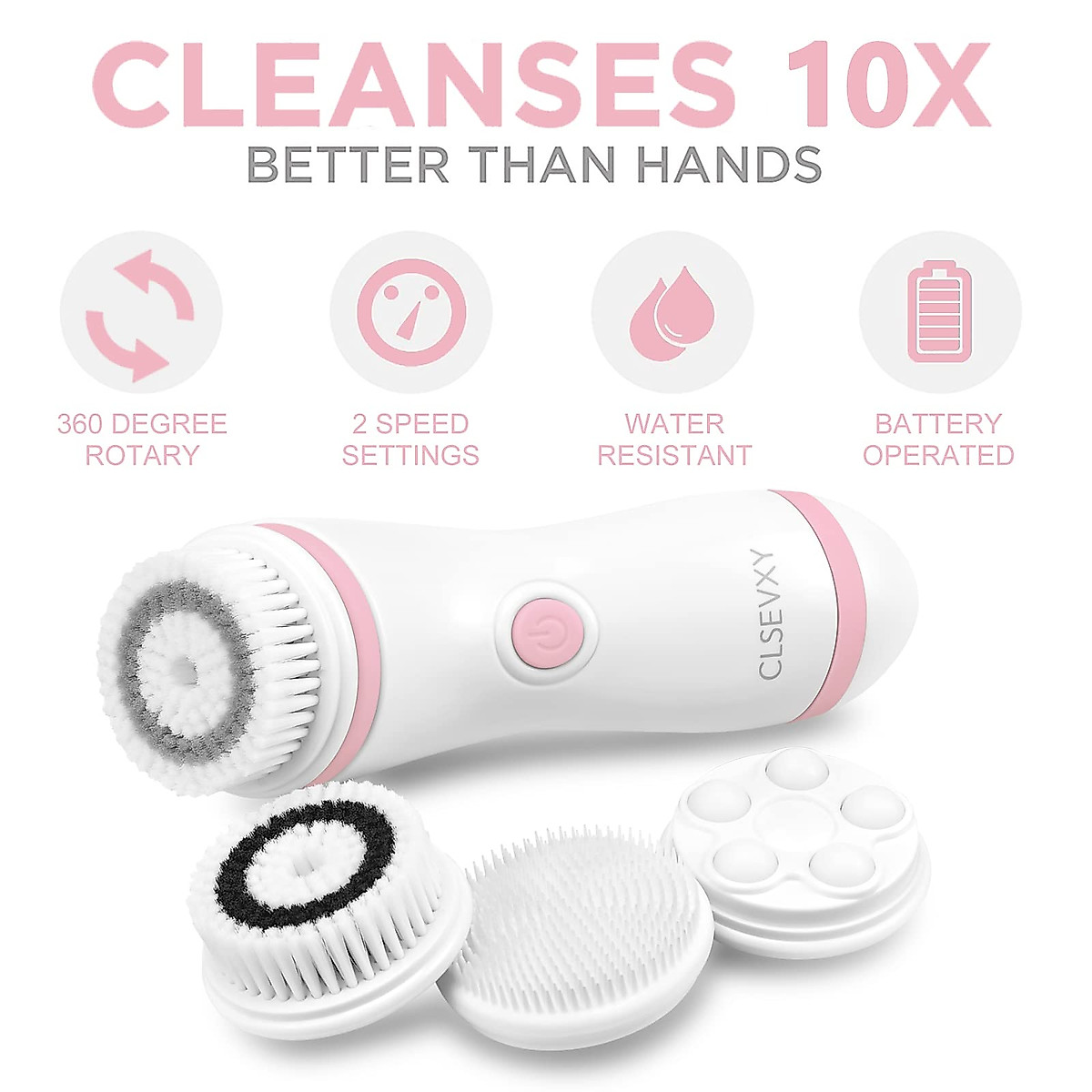Waterproof Facial Cleansing Spin Brush Set with 4 Interchangeable Brush Heads - Electric Face Scrubber Cleanser Brush by CLSEVXY - Face brush for Deep Scrubbing, Gentle Exfoliating and Massaging