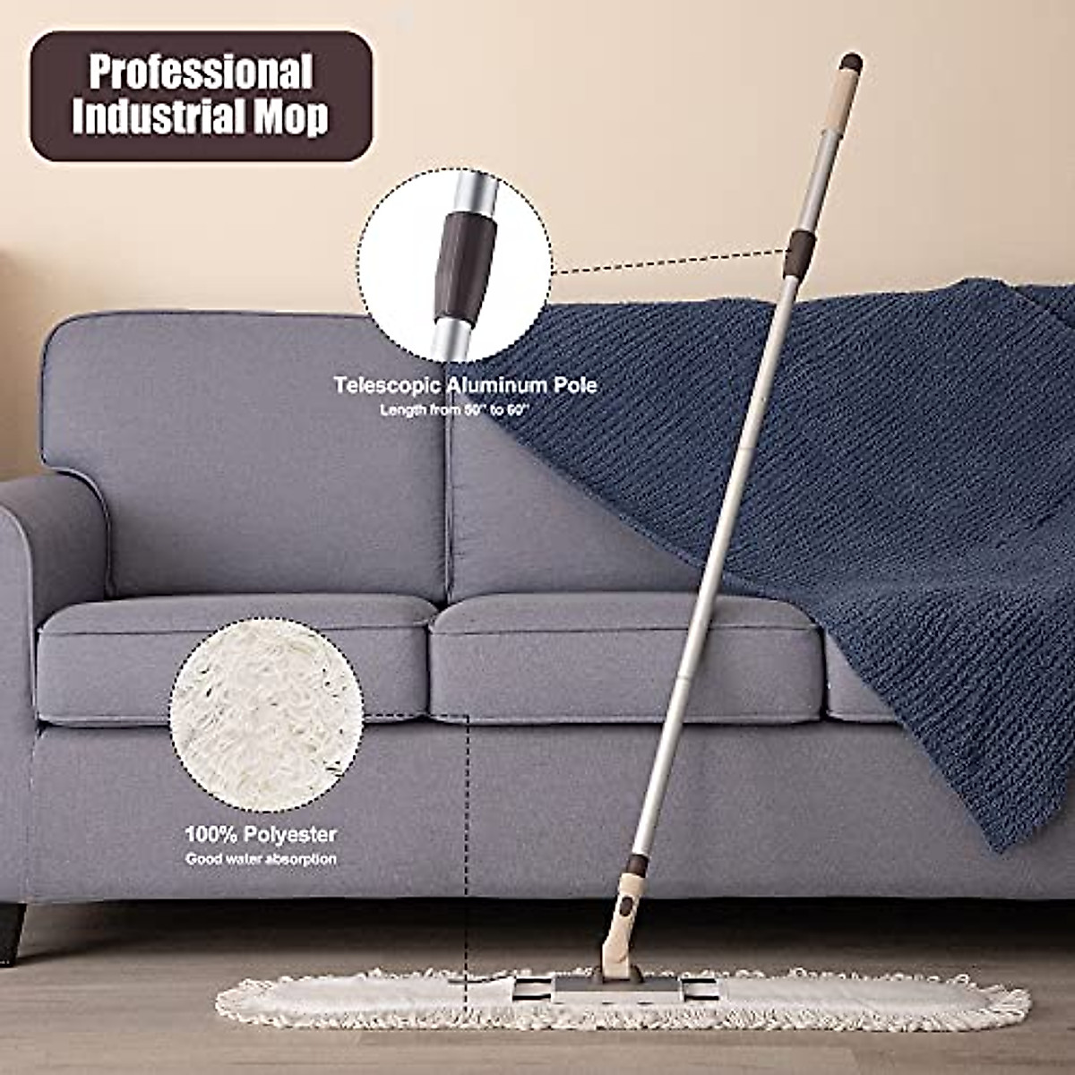 Eyliden 36" Professional Industrial Dust Mop, Commercial Cotton Dust Mops Broom, Telescopic Handle Residential Commercial Floor Cleaning Tools for Home Mall Hotel Office Garage Dust Mop (Brown, 36")