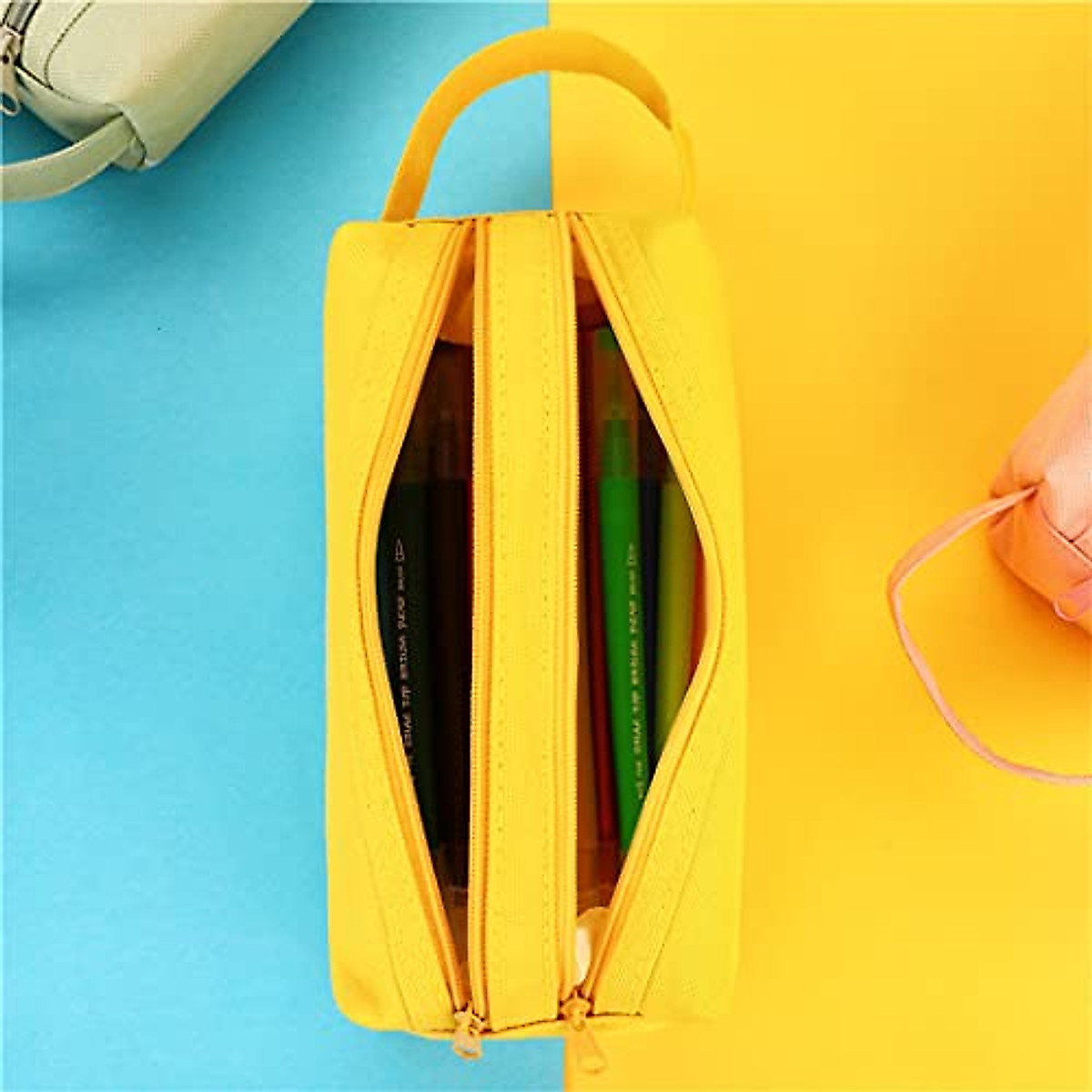Rolin Roly Yellow Pencil Case Lager Capacity Pen Bag Stationery Storage Case Double Zipper Canvas Pen Box with Handle Organizer Makeup Cosmetics Adults Students Business Office