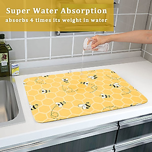 Cute Bees Dish Drying Mats Yellow Bumblebee Beehive Kitchen Pad Funny Honeybee Dish Drainer Rack Pads Absorbent Drying Cushion For Kitchen Counter Indoor 16x18 Inches