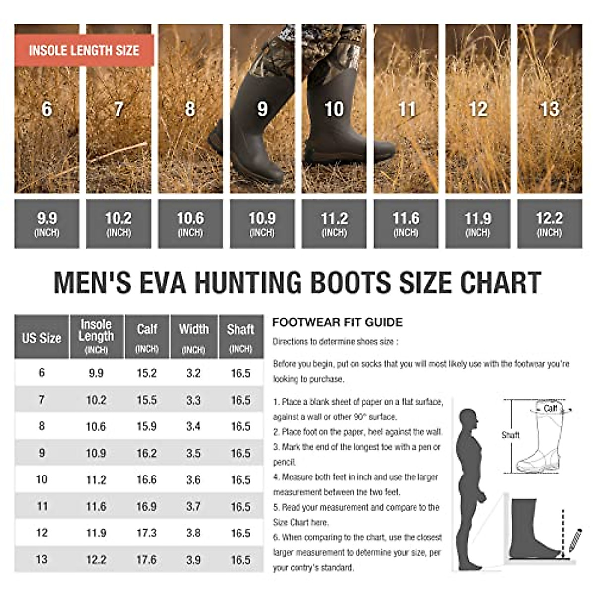 HISEA Rubber Rain Boots for Men, Waterproof Insulated Neoprene Hunting Boots, Durable Anti-Slip Outdoor Mud Boots for Hunting Gardening Farming Fishing Yard Working, Adjustable Calf, Size 6 Black