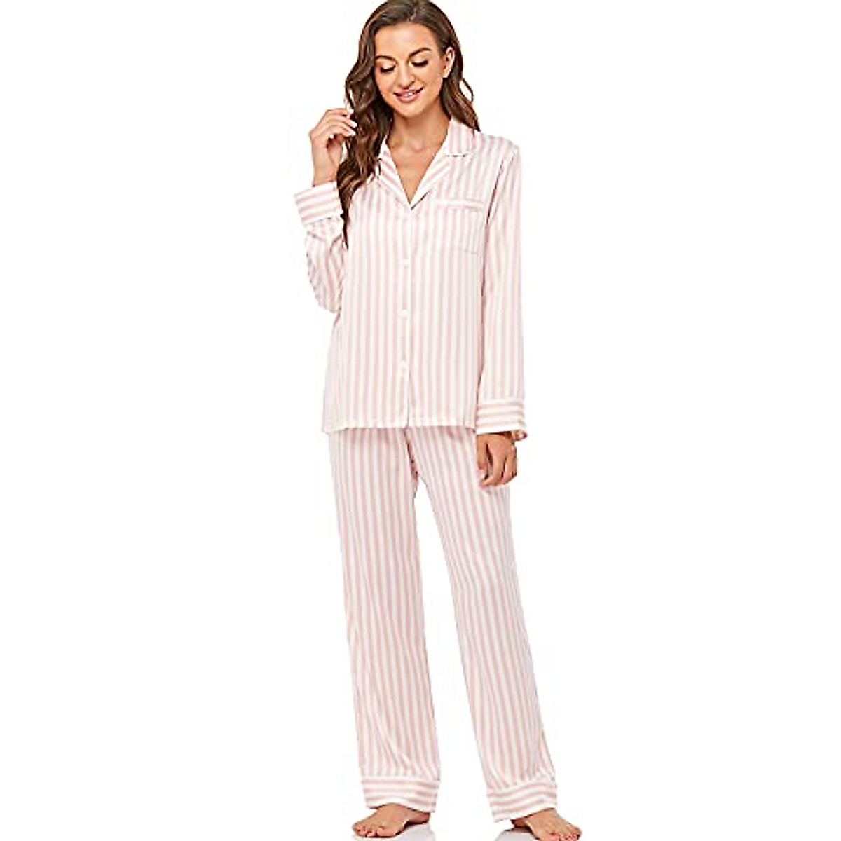 Serenedelicacy Women's Satin Pajama Set Long Sleeve Button Down Sleepwear 2-Piece Striped Silky Pj Set (Medium, Blush/Ivory, Stripe)