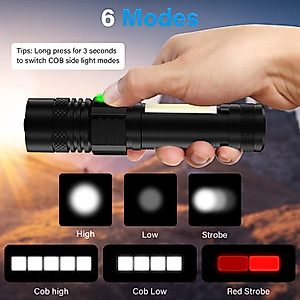 Vnina USB Rechargeable Flashlight, LED Magnetic Flashlights Super Bright Tactical Flashlights with Cob Sidelight Waterproof Zoomable 6 Modes USB Rechargeable for Camping Emergency