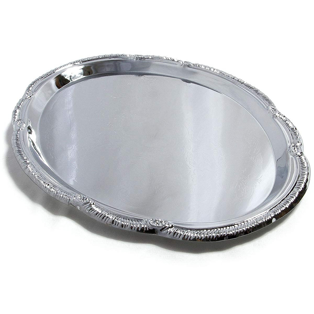 Maro Megastore (Pack of 4) 14.7" x 10.6" Oval Shape Chrome Plated Serving Tray Plate Food Art Deco Floral Pattern Engraved Multi-Purpose Holiday Party Buffet Wedding Birthday (Large) T125L-4PK