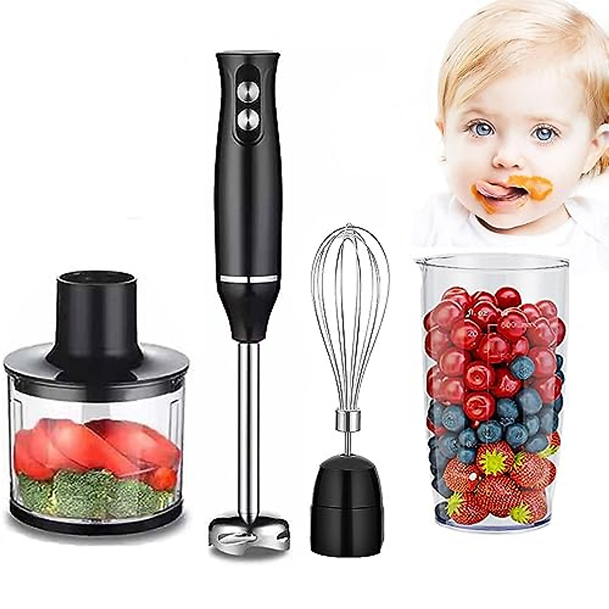 4 in1 Immersion Blender Handheld 304 Stainless Steel Blades, 5 Speed & 3-Angle Adjustable Chopper Beaker Whisk and Beater for Milkshakes Smoothies Soup Baby Food