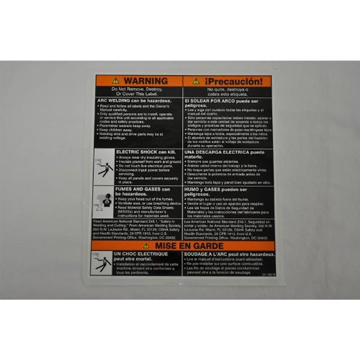 Miller 231983 Label, Warning General Precautionary (En/Sp)