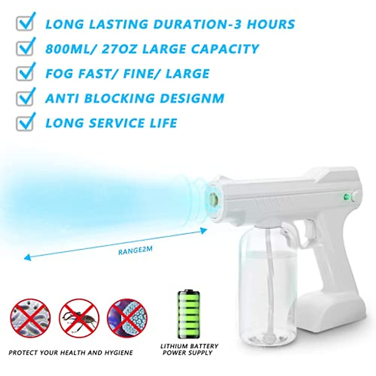 InfiniteTEC Cordless Disinfectant Nano Mist Gun Plant Repellent Control 800ml Portable Electric Sprayer Blue Light Sterilization Fogger for Home Office School Garden Hospital and Transportation