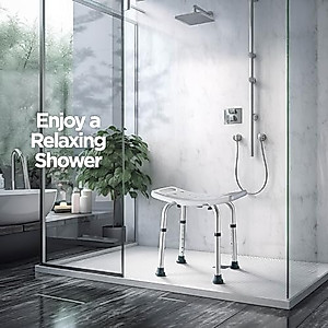Shower Chair - with Back Scrubber & Additional Sponge - Tool Free Shower Chair for Elderly - with 8 Adjustable Heights - Portable Anti Slip Bath Chair for Elderly