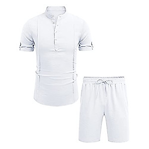FAMOORE Mens Spring and Summer Beach Solid Color Short Sleeved Shorts Cotton and Linen Suit Two Piece White