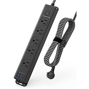 Surge Protector Power Strip with USB C Ports, 5 Outlets 3 USB Ports(1 USB C), 5FT Braided Extension Cord with Multiple Outlets, Mountable Power Strips Flat Plug for Home, Office, Dorm