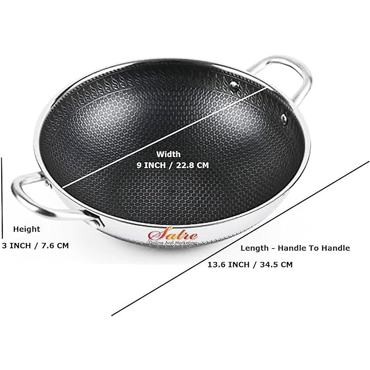 Satre Online and Marketing Stainless Steel Triply Kadhai Honeycomb, Nonstick, Two Sided Handel, Induction Base, Size No. 12