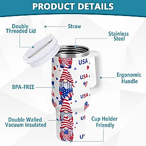 ODAWA Large Fall Insulated Tumbler with Lid and Straw, Cute Gnomes Usa Flag Double Wall Insulated Tumbler