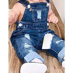 KIDSCOOL SPACE Baby Little Child Cute Ripped Adjustable Straps Jean Overalls,Blue,6-12 Months
