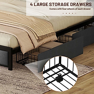 Queen Bed Frame with 4 storage drawers and LED light, LED Bed Frame Queen Size with Shelf Storage Headboard, Upholstered Platform Bed with LED Lights, Solid Wood Slats, Stable Structure (Dark Grey)