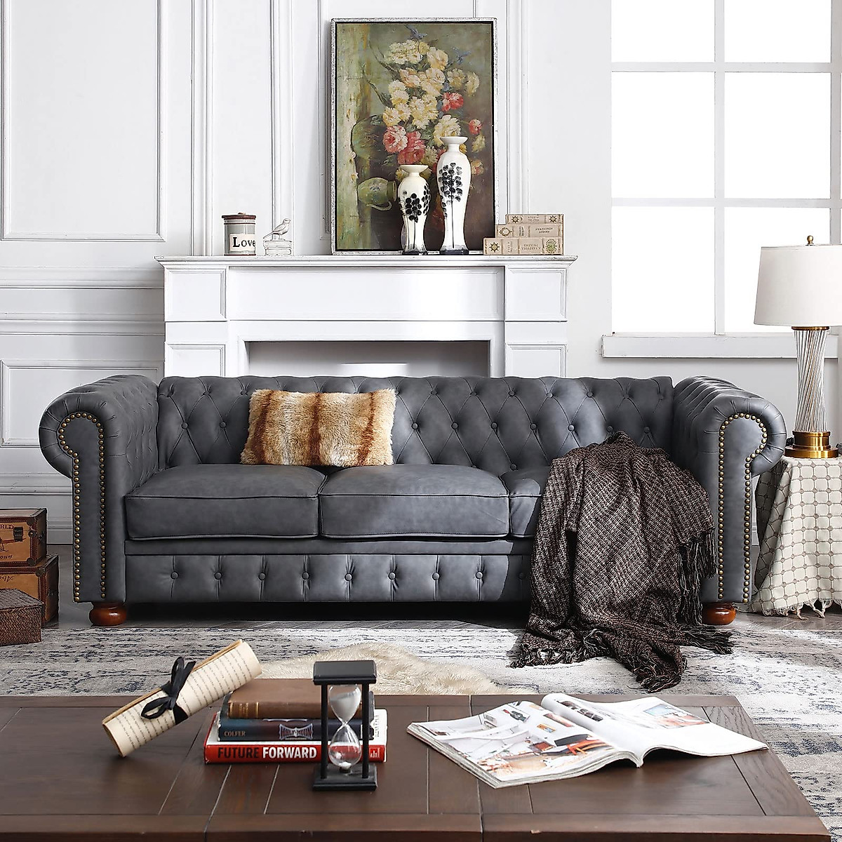 Neylory Leather Couches for Living Room, 3 Seater Classic Chesterfield Sofa Couch with Button Tufted Back and Roll Arms, 88.5-Inch Faux Leather Sofa with Nailhead Trim and Solid Wood Legs