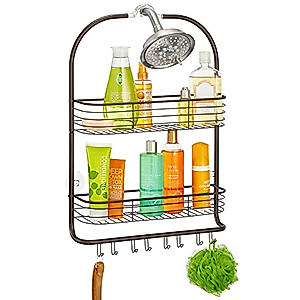 mDesign Extra Wide Hanging Shower Caddy Storage Organizer, Metal Wire Bathroom Organization Center with Built-In Hooks and Baskets on 2 Levels for Shampoo, Body Wash, Loofahs - Bronze