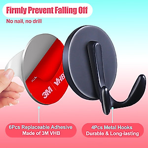 PHIXBEAR 4 Pcs Metal Black Adhesive Towel Hooks with 6 Pcs Waterproof Adhesive Tape Made of 3M VHB - Shower Wall Hooks Heavy Duty Sticky Double Hooks for Bathroom Kitchen Livingroom