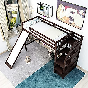 MOEO Twin Size Loft Bed with Slide & 3 Storage Staircase for Kids Bedroom,Sturdy Wood Bedframe, High Guardrail Design, No Box Spring Needed, 78.4" L×97.3" W×61.4" H, Espresso