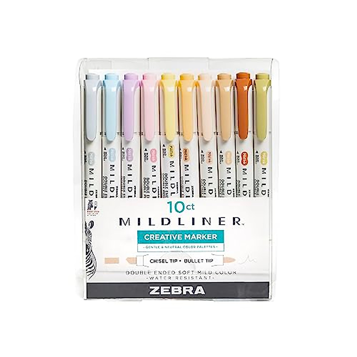 Zebra Pen Mildliner Double Ended Highlighter Set, Chisel and Bullet Point Tips, Assorted Neutral and Gentle Ink Colors, 10-Pack (78701)