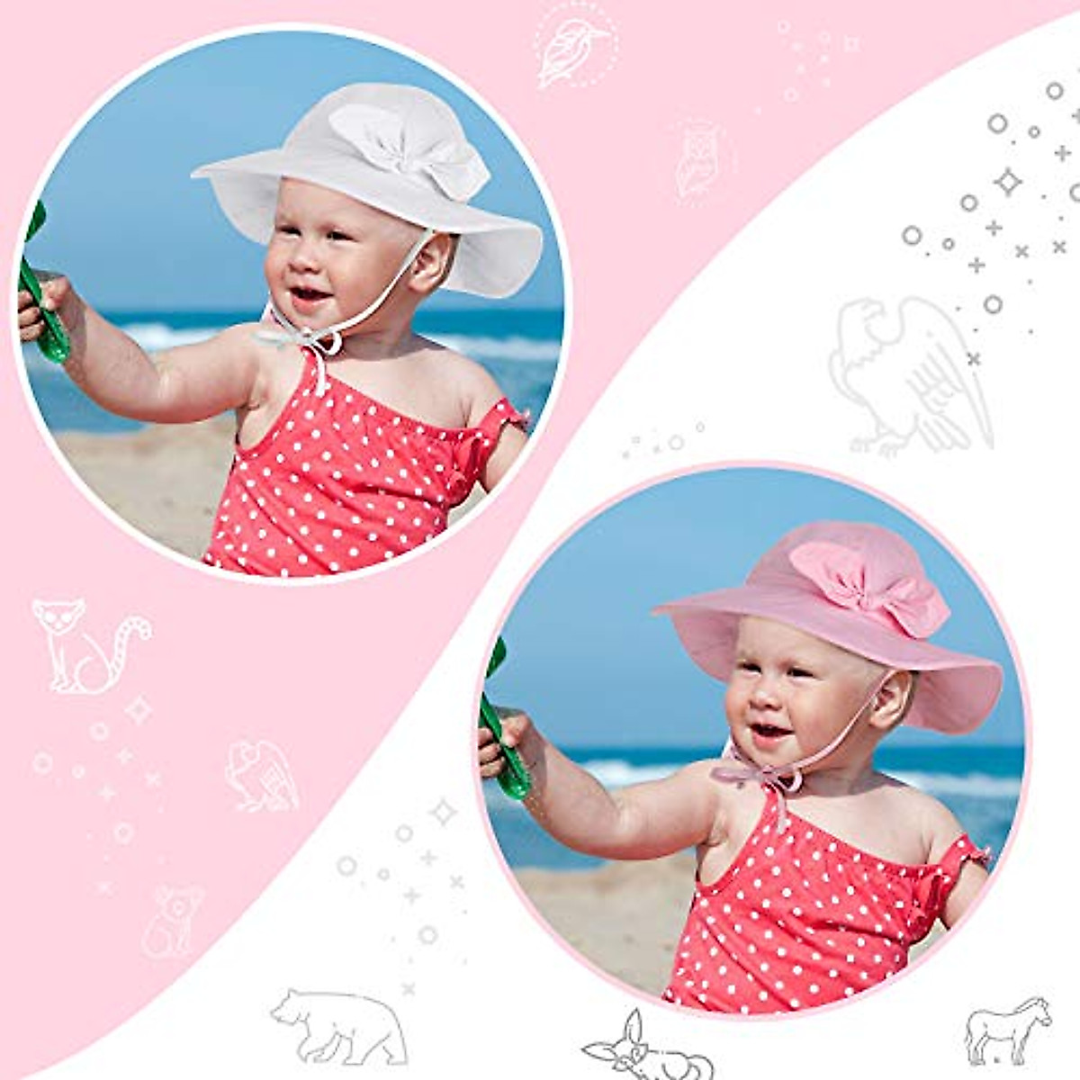 2 Pieces Baby Girls Sun Hat Adjustable Sun Protection Summer Beach Wide Brim Hat (White and Pink,0-12 Months)