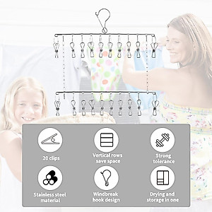 Zenquark Stainless Steel Sock Drying Rack, 2 Layers Swivel Hook Wind-Proof Sock Hanger Rack, Air Drying Rack with 20 Clips for Socks Underwear Knickers Shoe Insoles Baby Clothes Gloves